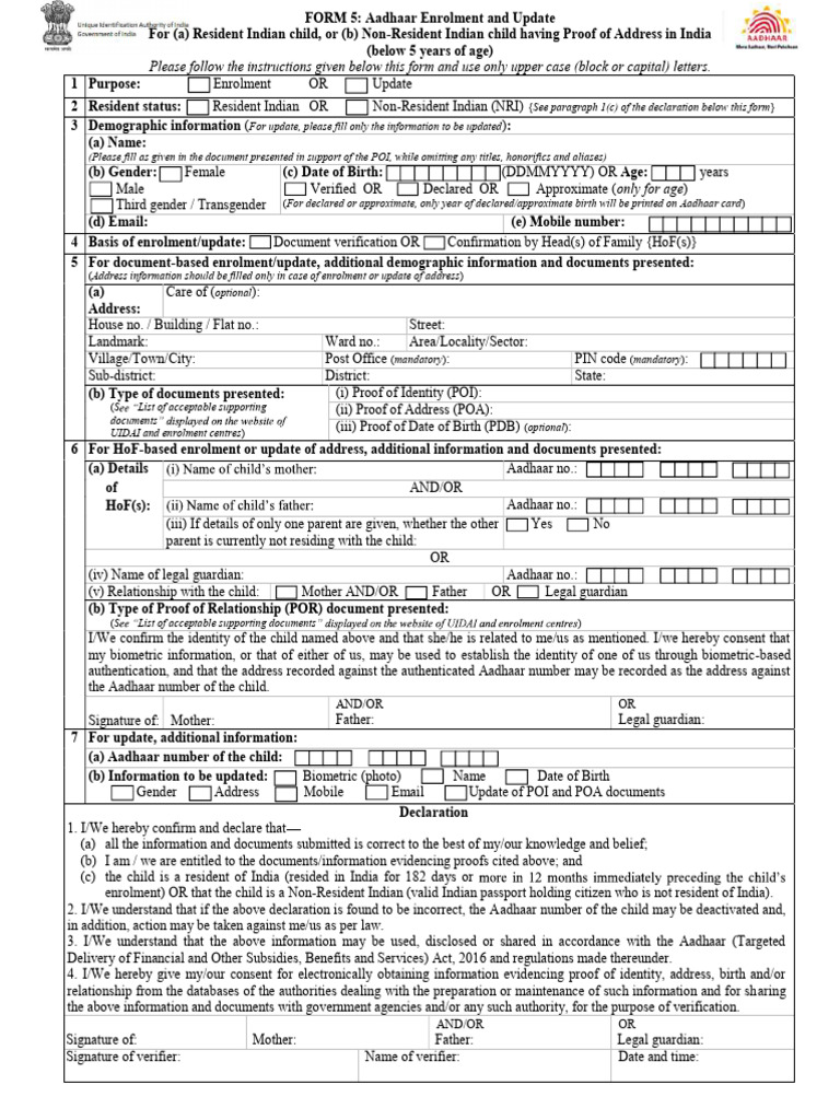 Aadhaar Form 5: Child Enrolment & Update | PDF | Identity Document ...