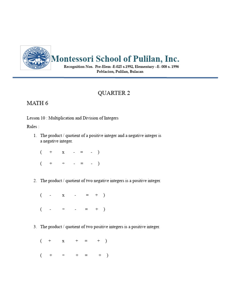 Lesson 10 - Multiplication and Division of Integers | PDF | Integer | Mathematical Concepts