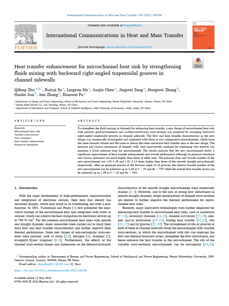 Zhu et al. - 2022 - Heat transfer enhancement for microchannel heat si ...