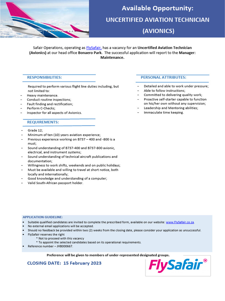 FlySafair - Uncertified Aviation Technician (Avionic) - JHB | PDF | Technology & Engineering