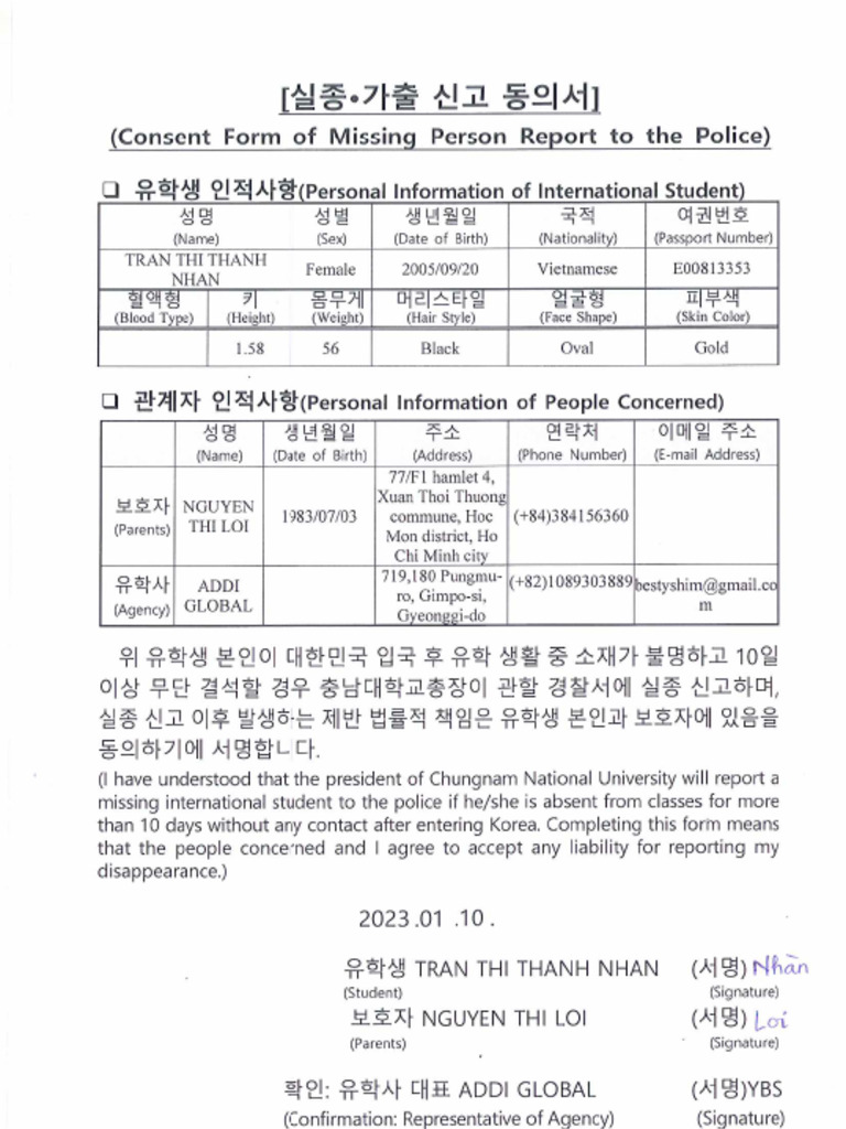 Consent Form Of Missing Person Report To The Police Tran Thi Thanh