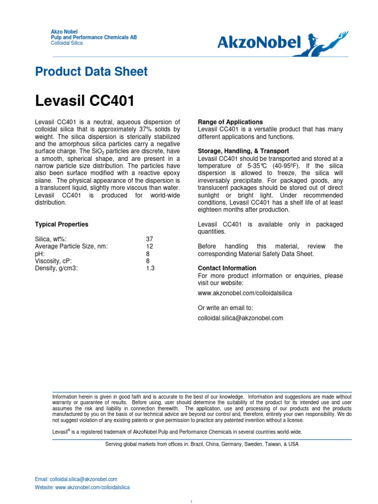 PDS Levasil CC401 | Download Free PDF | Silicon Dioxide | Colloid