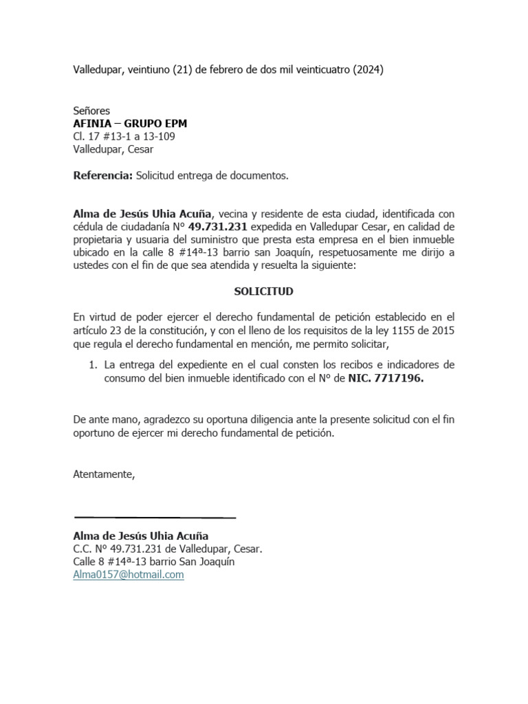 Solicitud Entrega de Documentos AFINIA-GRUPO EPM | PDF
