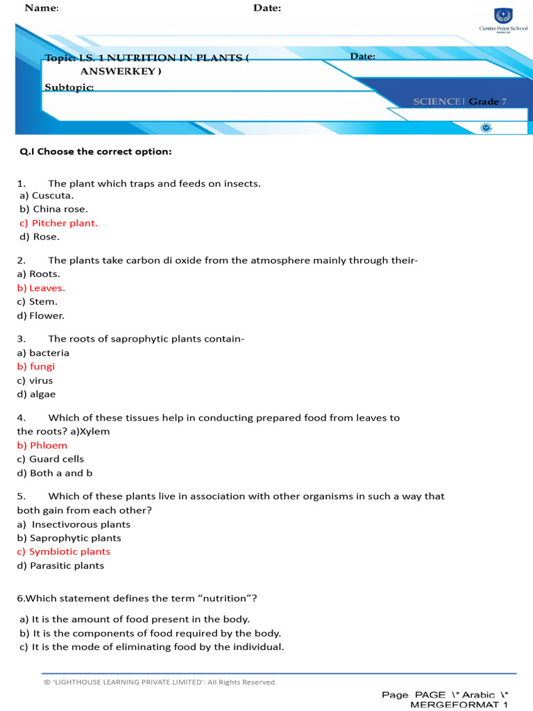 52731695101140712-LS 1nutritioninplantsanswerkeyl1worksheet | PDF ...