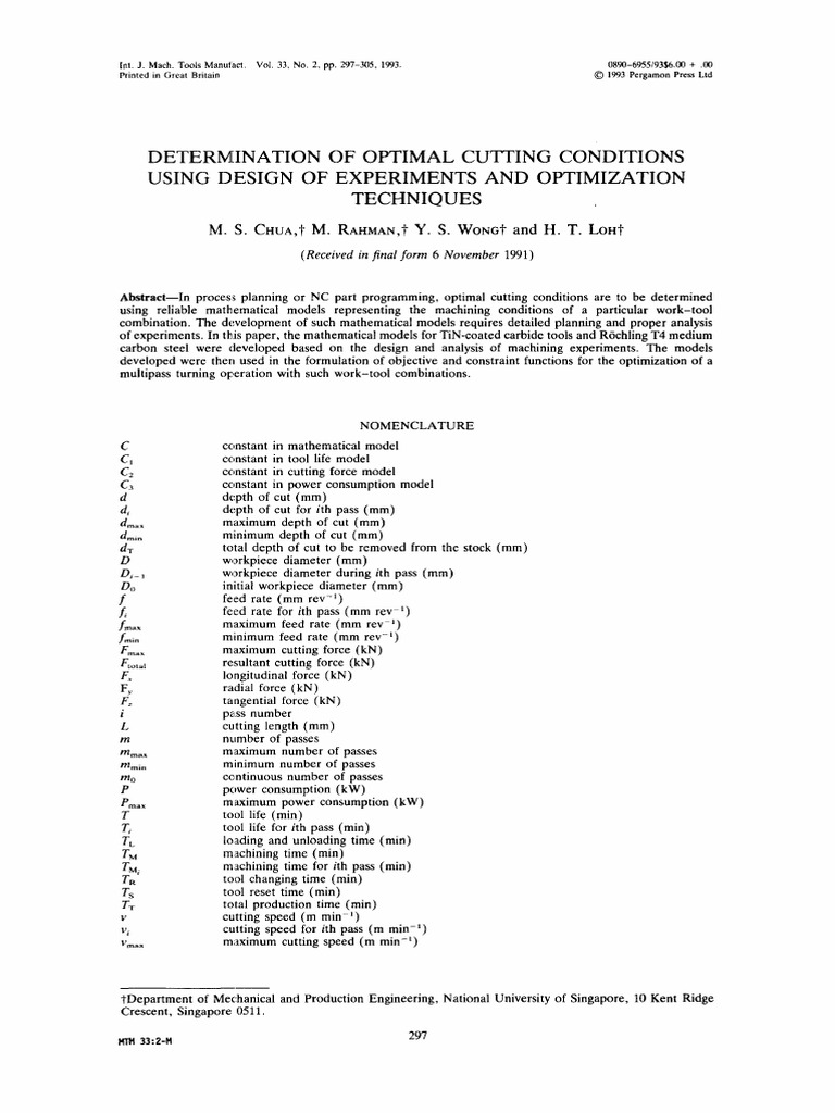 Determination Of Optimal Cutting Conditions Chua Et Al 1991 Pdf