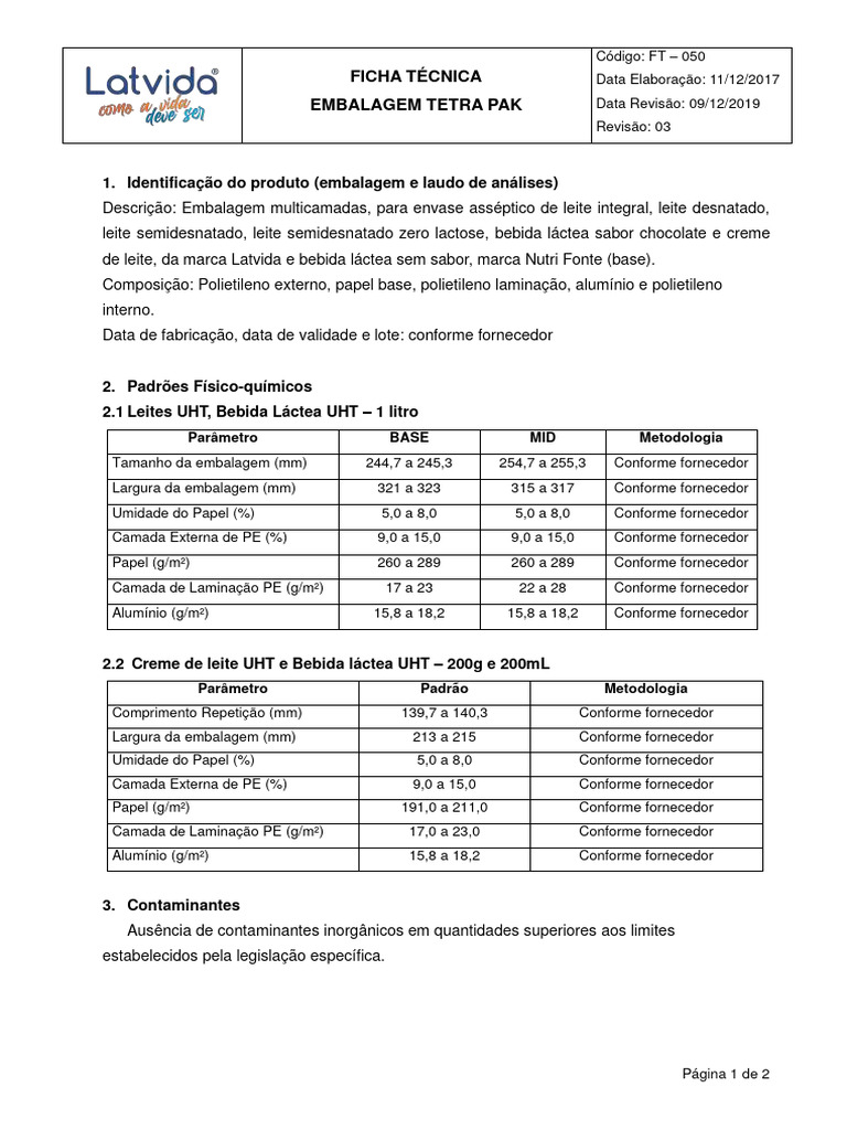 FT-050 - Embalagem Tetra Pak | PDF | Transporte de mercadorias | Lacticínios