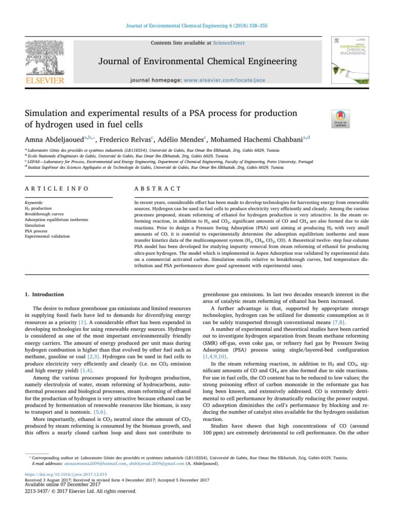 Simulation and Experimental Results of PSA Process For Production of Hydrogen Used in Fuel Cells ...