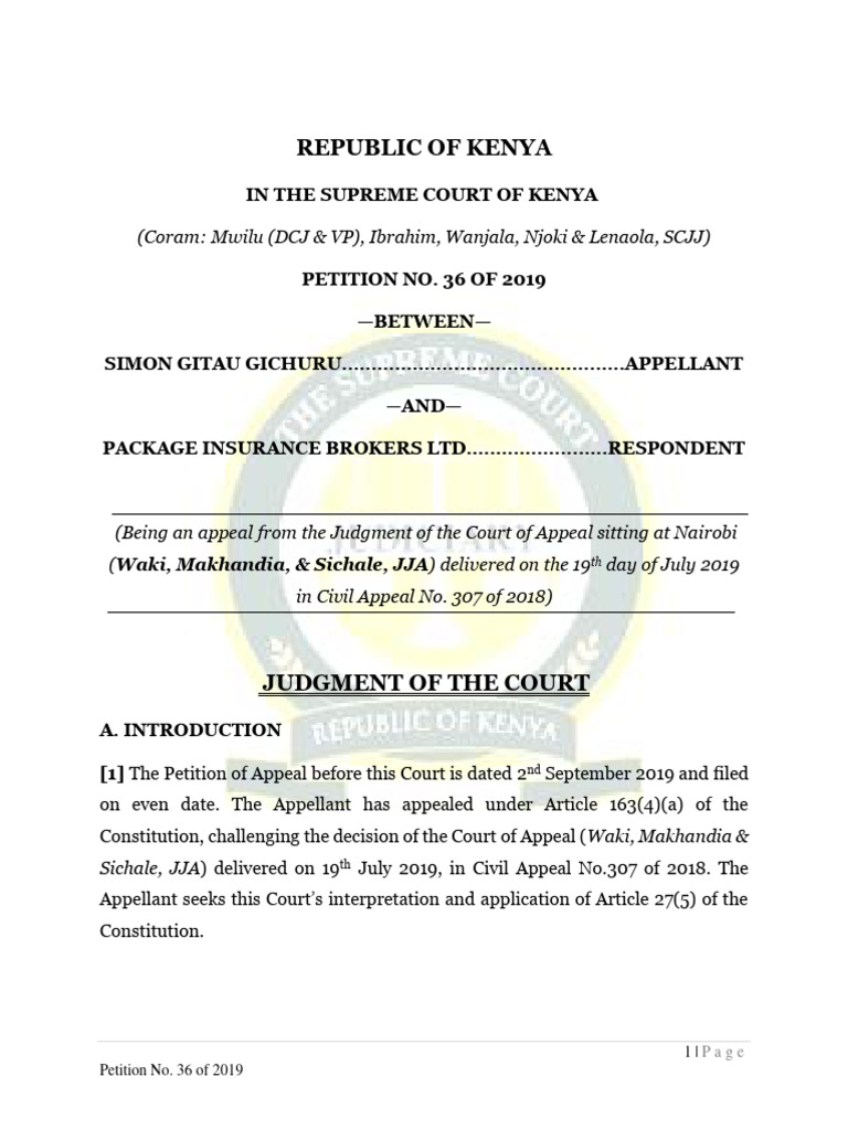 Petition 36 of 2019 Simon Gitau Gichuru V Package Insurance Brokers 1 | PDF | Discrimination ...