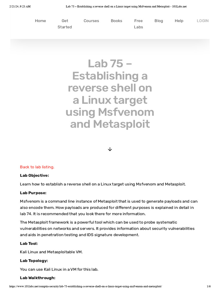 Lab 75 - Establishing A Reverse Shell On A Linux Target Using Msfvenom and Metasploit | PDF ...