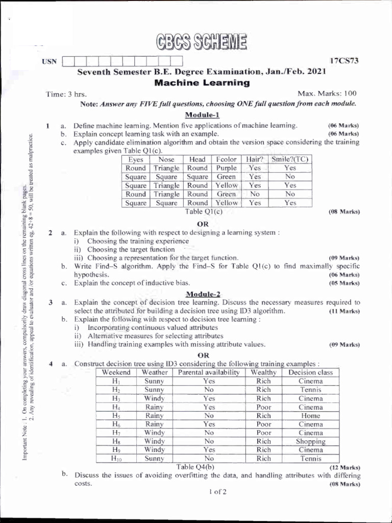 VTU Exam Question Paper With Solution of 17CS73 Machine Learning Jan-2021-Swathi Y | PDF