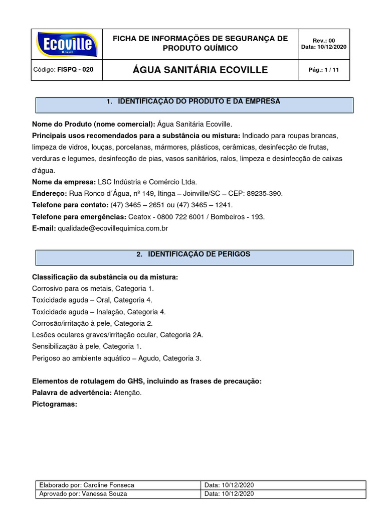 Fispq 020 - Água Sanitária Ecoville | PDF | Autoajuda | Bem-estar