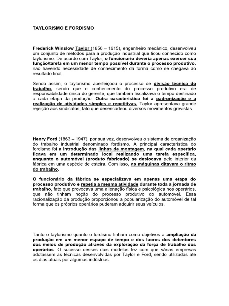 TAYLORISMO E FORDISMO.docx | PDF