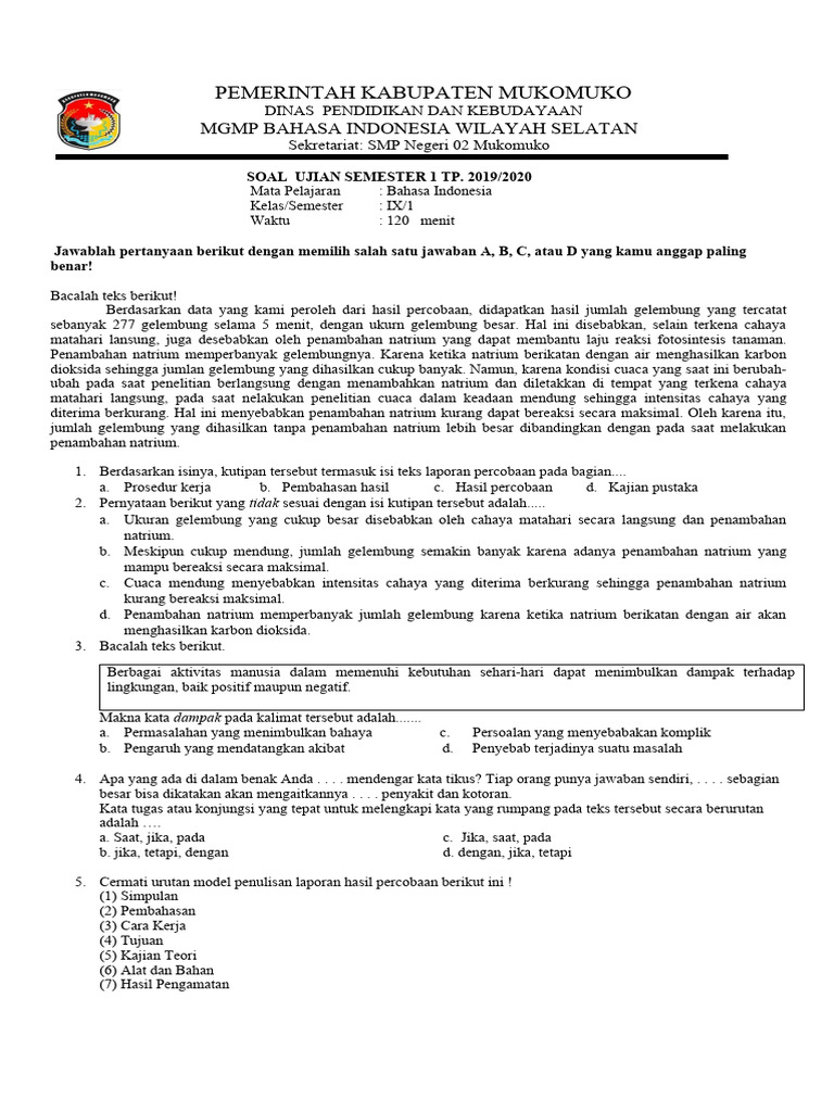 Soal MGMP Bindo KLS Ix K13 | PDF