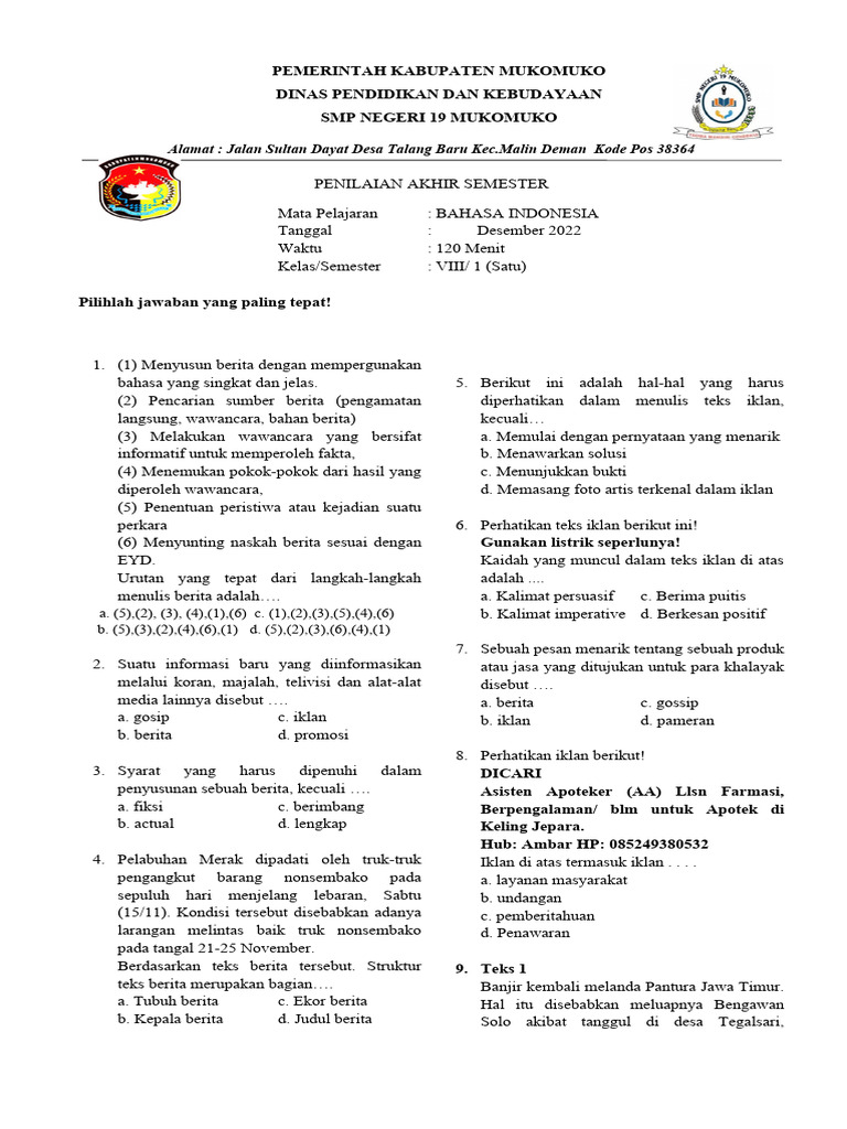 Soal B - Indonesia Kelas Viii Ganjil 2022-2023 | PDF
