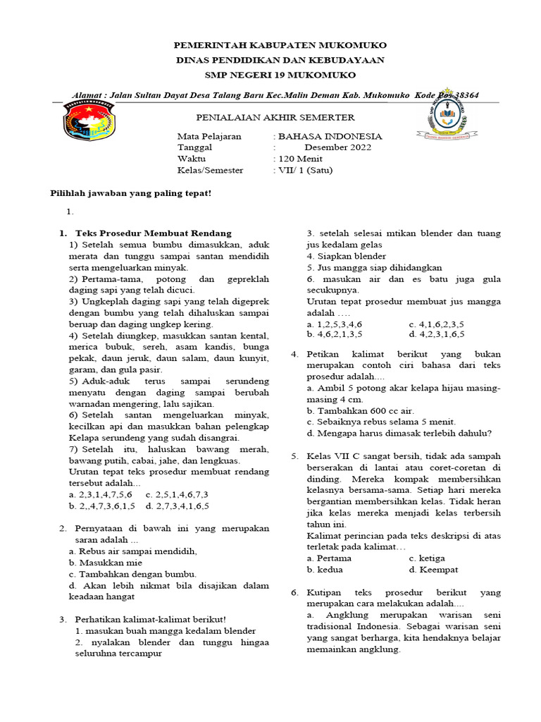 Soal B - Indonesia Kelas Vii Ganjil 2022-2023 | PDF