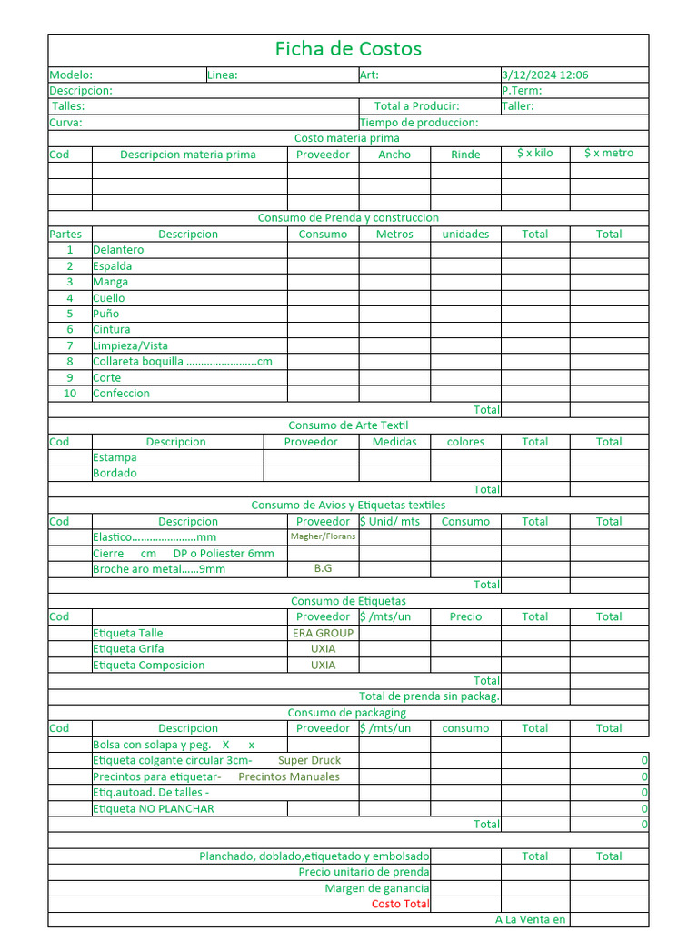 Ficha de Costo y Consumo | Descargar gratis PDF | Ropa