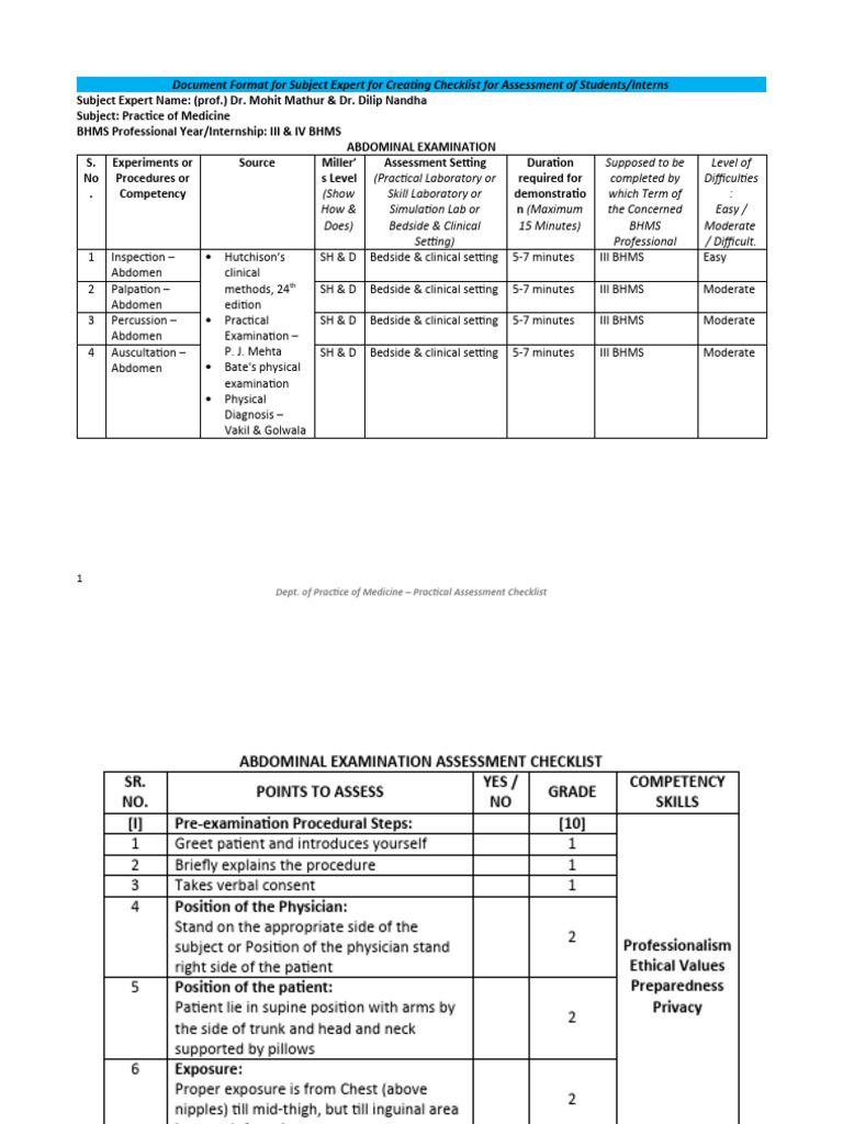 Abdominal Exam Checklist Guide | PDF | Abdomen | Medical Specialties