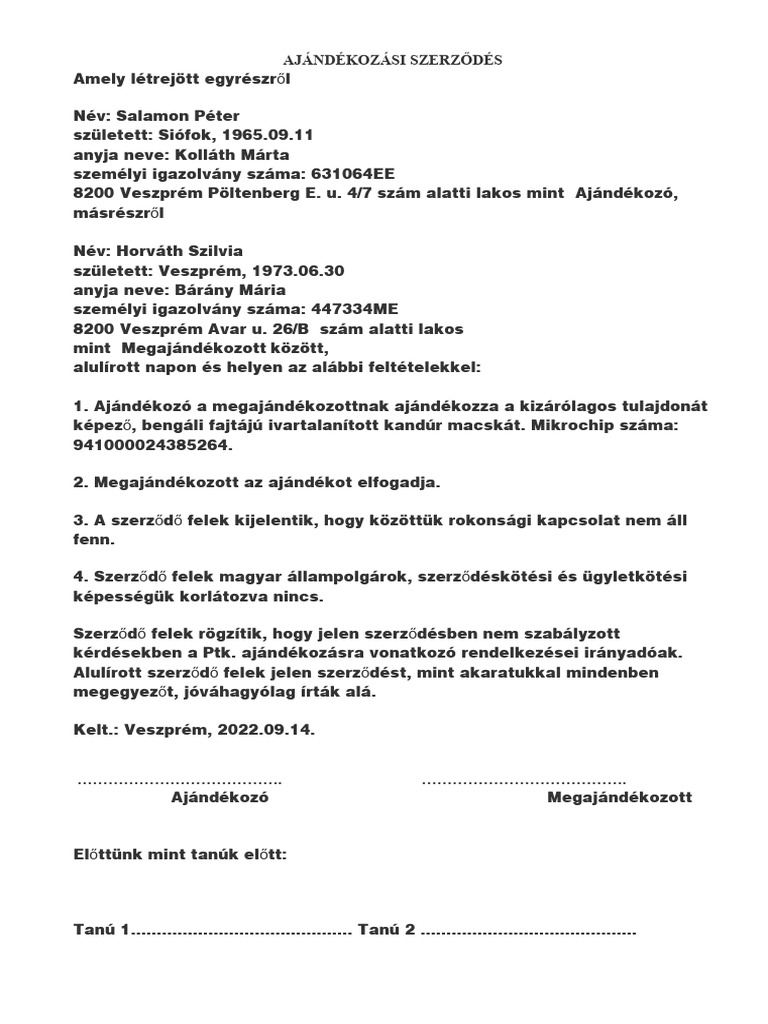 Ajándékozási Szerződés | PDF