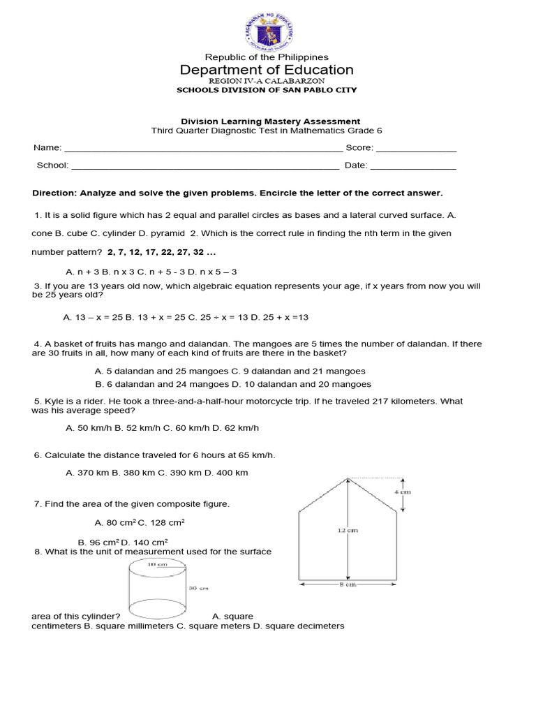 G6 Math G3 Diagnostic Test DLMA | PDF | Area | Geometry