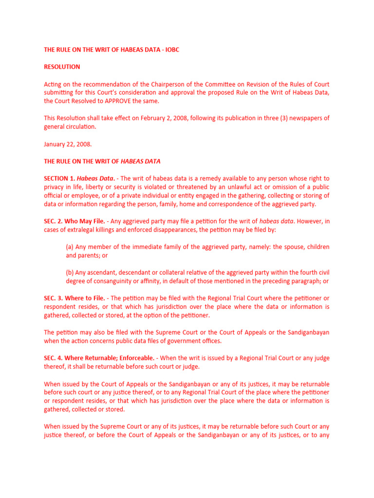 Writ of Habeas Data Iobc | PDF | Habeas Corpus | Judgment (Law)