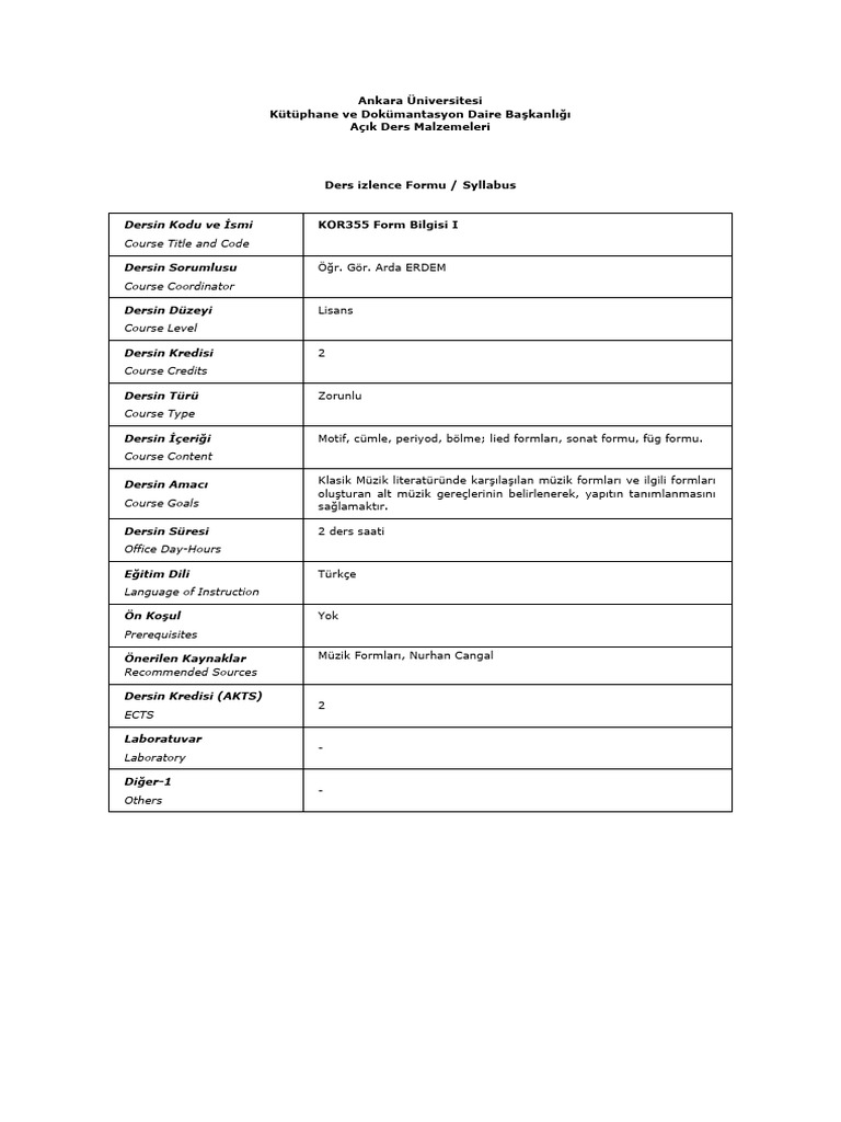 Ders İzlencesi (KOR355 Form Bilgisi I) | PDF