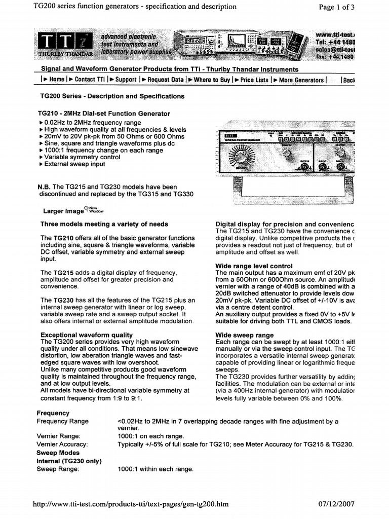 TTI TG200 Series Function Genrator | PDF