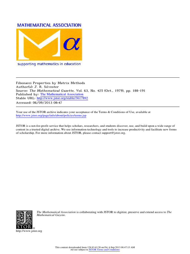 Fibonacci Properties By Matrix Method Pdf Matrix Mathematics