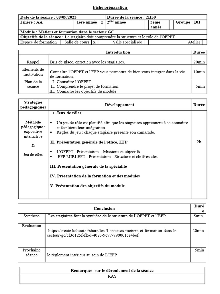 Fiches de préparation Métier et formation | PDF