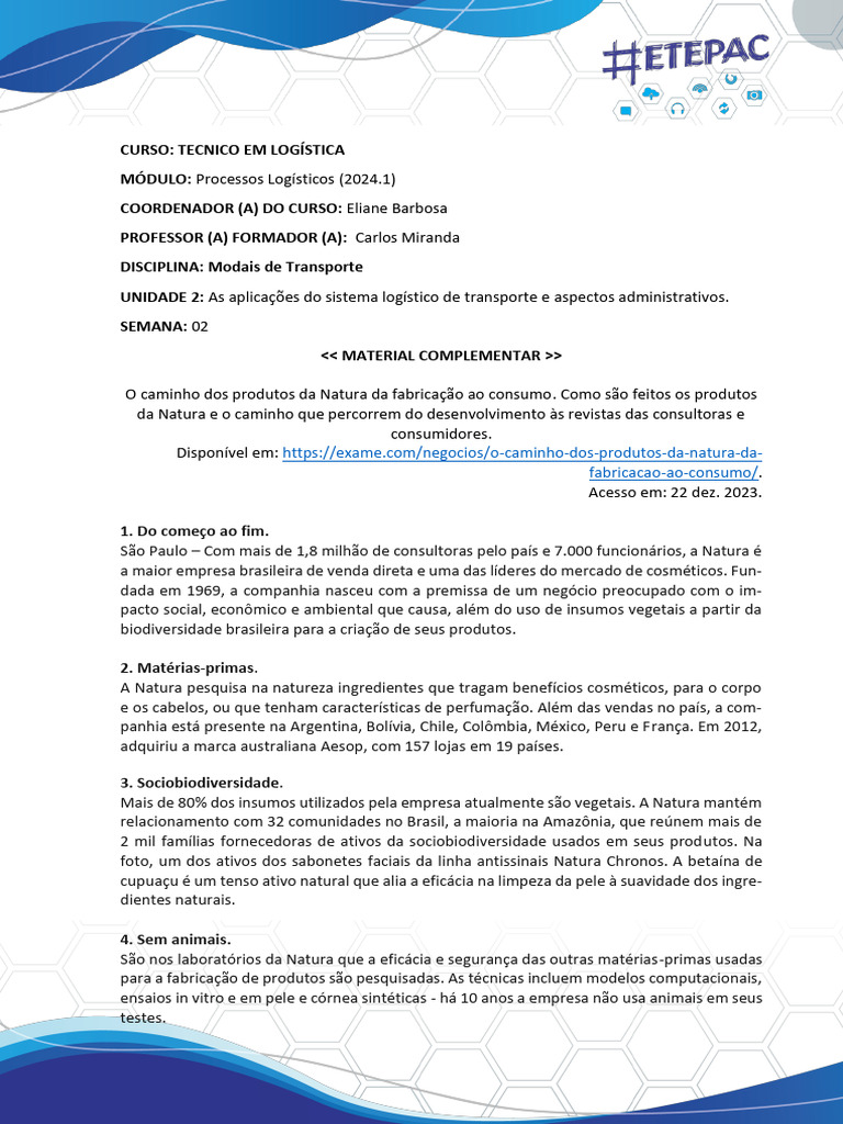 Modais de Transporte - UNIDADE 2 - Material Complementar - 2024.1 | PDF