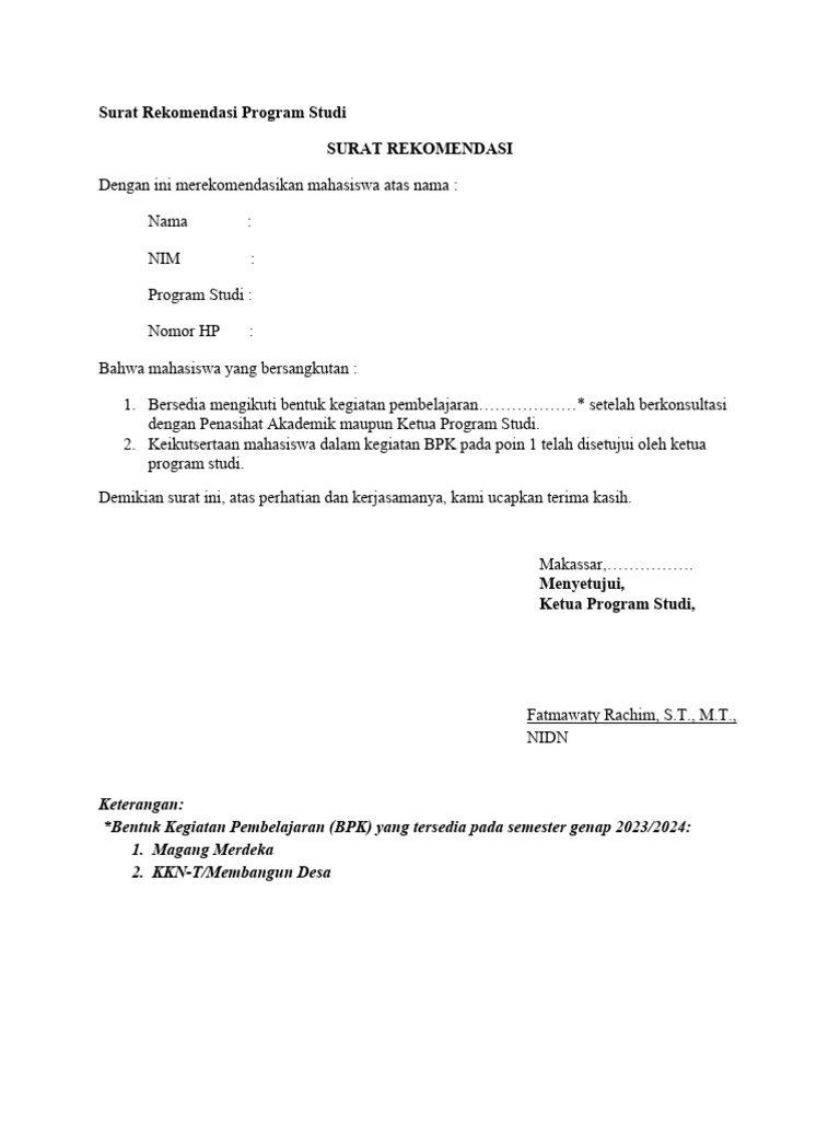 Surat Rekomendasi Program Studi | PDF