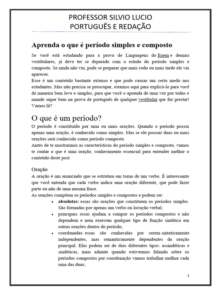 Aprenda o que é período simples e composto | PDF | Linguística | Sintaxe