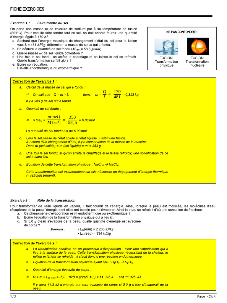 (Correction Fiche D - Exercices) Chapitre N° 4 - Transformations de La Matière | PDF