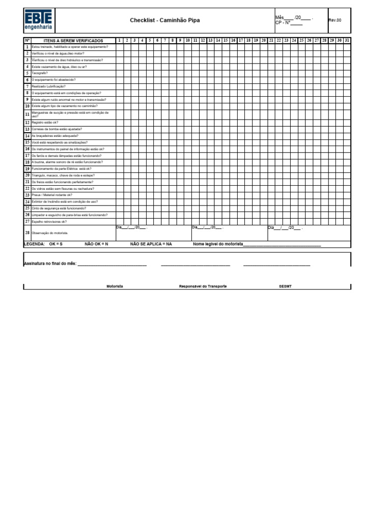 Checklist - Caminhão Pipa REV. 00 | PDF | Veículos