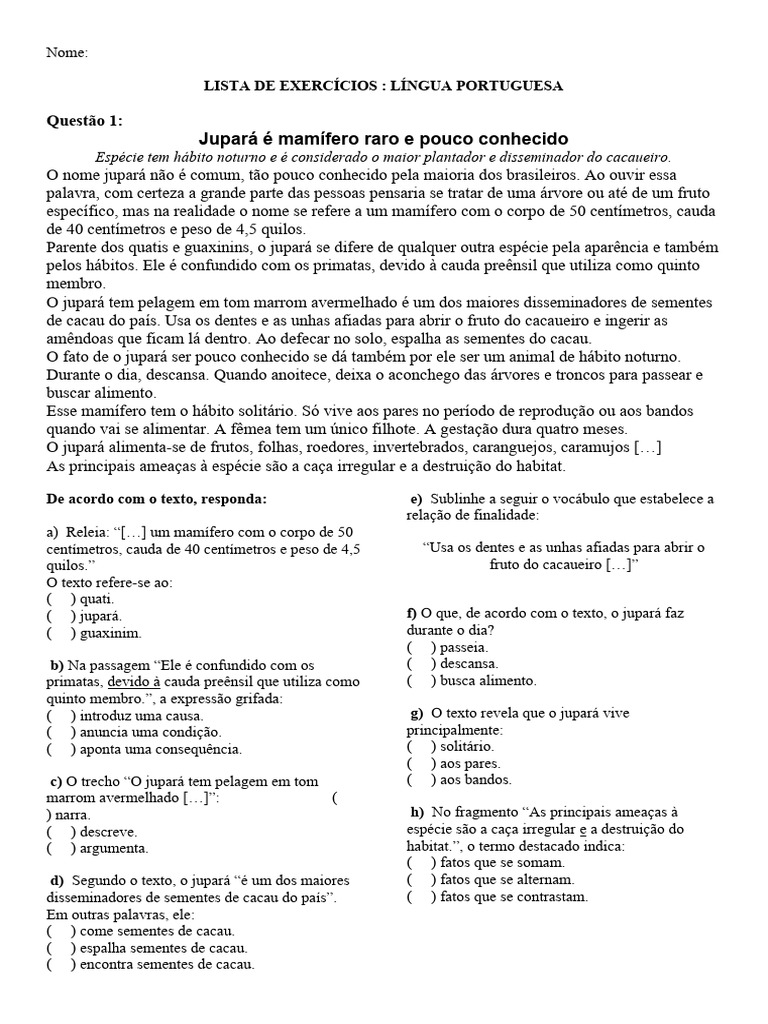 Lista de Exercícios LP5 Ano | PDF