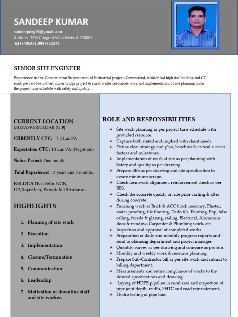 Senior Site Engineer Profile Summary | PDF | Civil Engineering ...