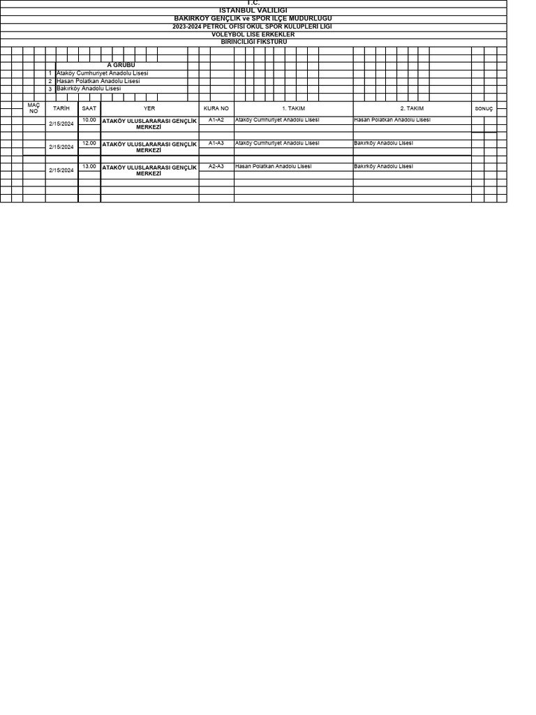 Fikstür-Petrol Ofisi Ligi Okul Spor Kulüpleri | PDF