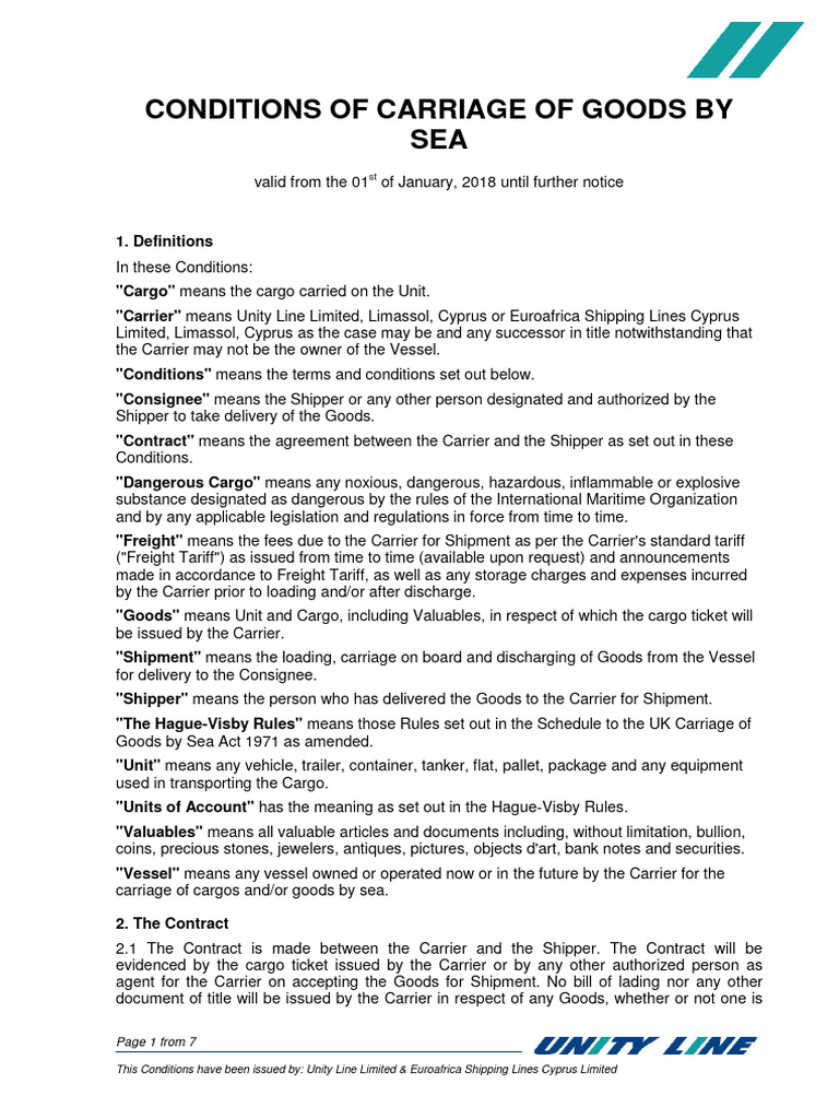 Sea Carriage Conditions by Unity Line | PDF | Cargo | Common Carrier