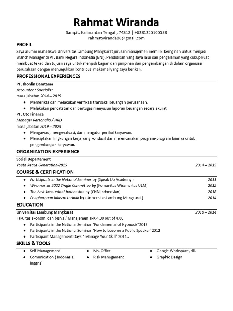 Kombis - CV - Rahmat Wiranda - 2010312310051 | PDF | Karier & Perkembangan
