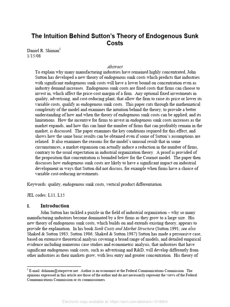 Shiman 2008 The Intuition Behind Suttonâ ™s Theory of Endogenous Sunk ... Shiman 2008 The Intuition Behind Suttonâ ™s Theory of Endogenous Sunk ...