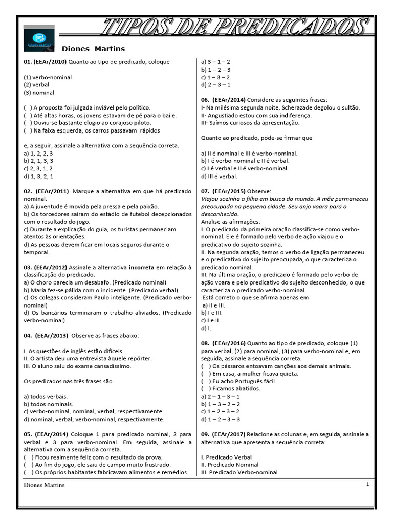 29 Tipos de Predicados | PDF | Predicado (gramática) | Assunto (gramática)