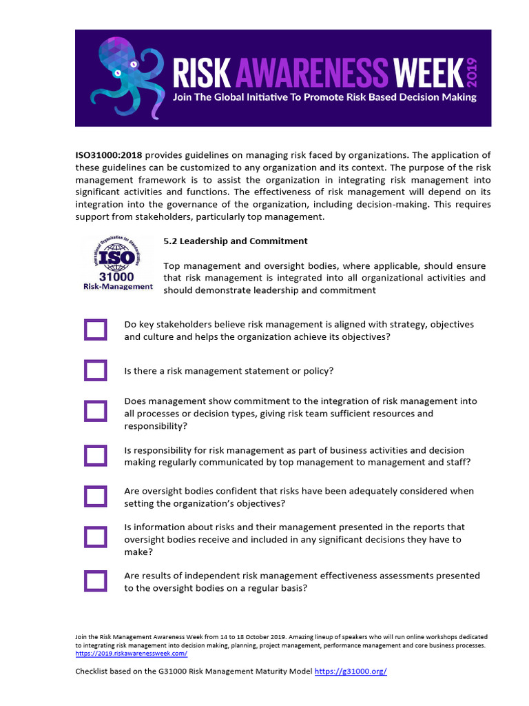 ISO31000 Checklist | Download Free PDF | Risk Management | Risk