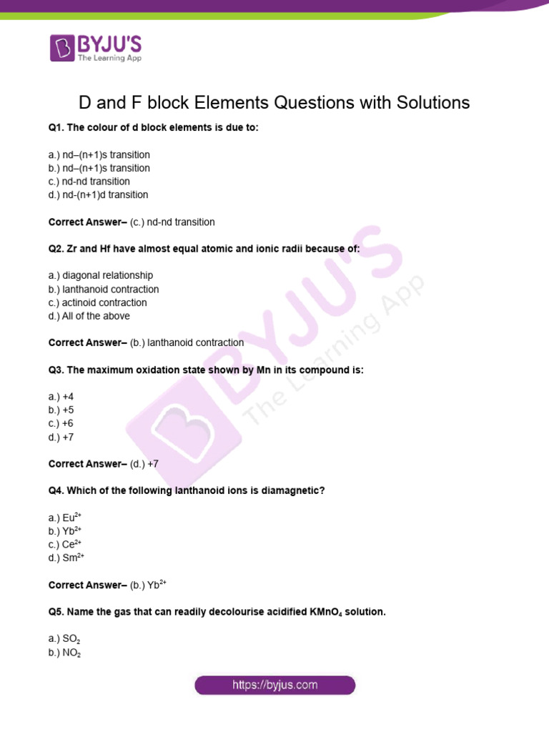 D and F Block Elements Questions With Solutions | PDF | Transition Metals | Lanthanide