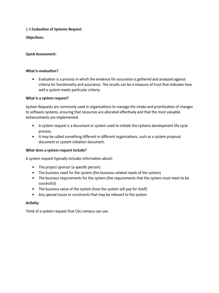 Module 2.3 Evaluation of Systems Request | PDF | Career & Growth | Business