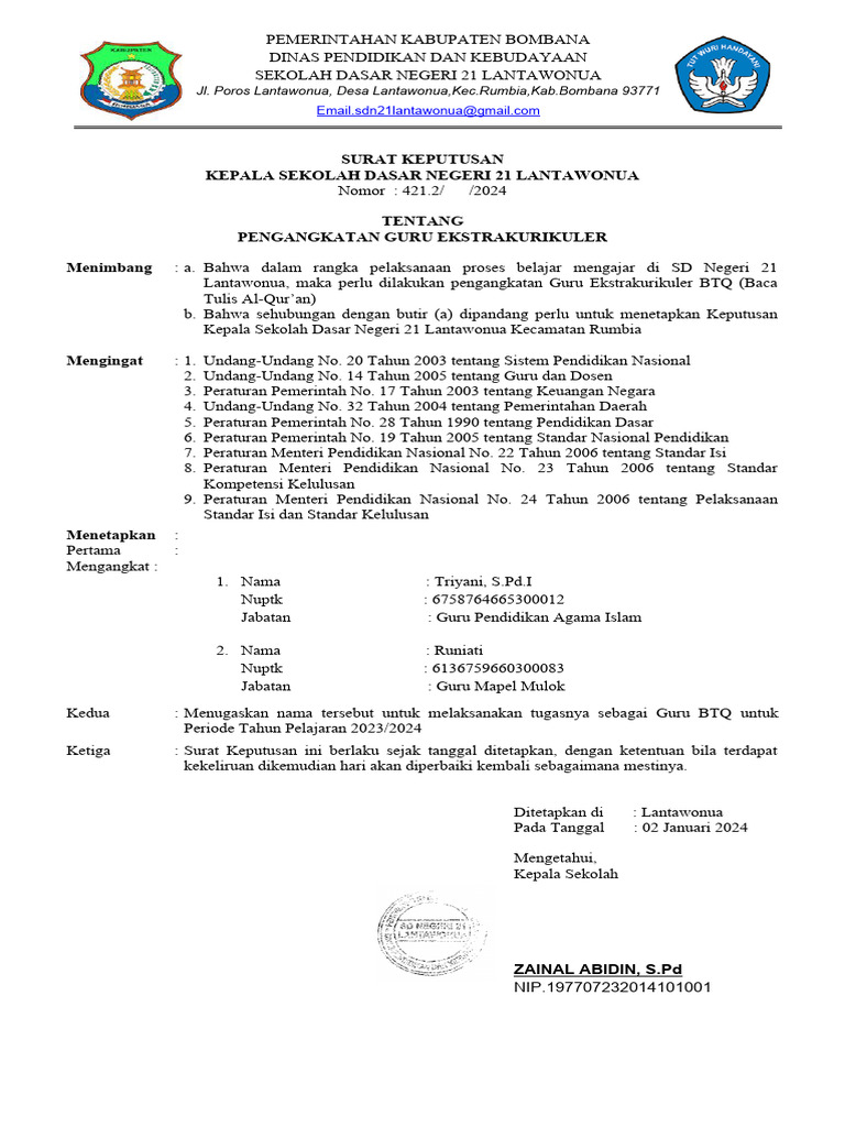 Pengangkatan Guru BTQ SDN 21 Lantawonua | PDF