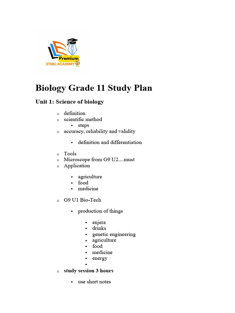 Biology Grade 11 Study Plan | PDF | Cell (Biology) | Cell Membrane