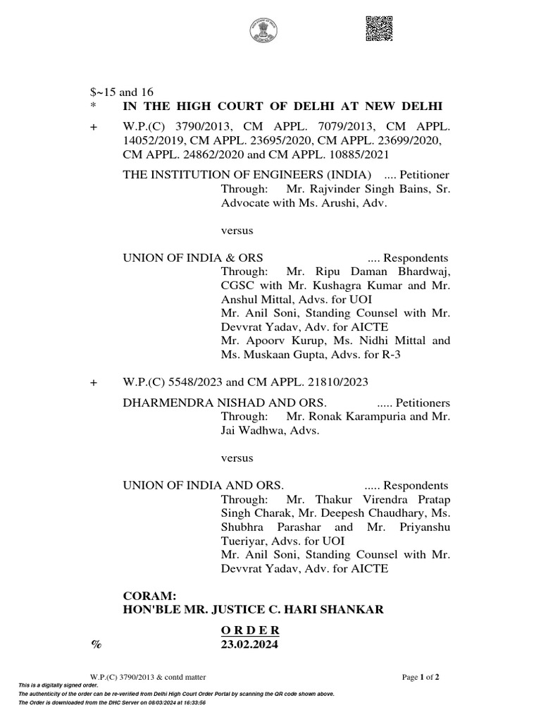 In The High Court of Delhi at New Delhi: W.P. (C) 3790/2013 & Contd ...