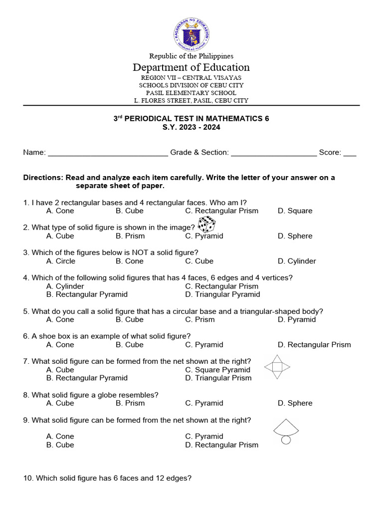 Grade 6 Math 3rd Periodical Test | PDF | Speed | Area