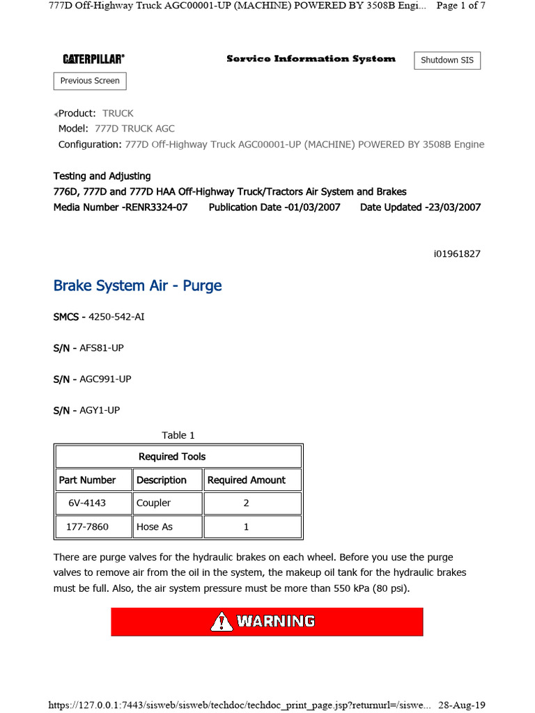 777D Testing and Adjusting - Brake System Air - Purge | PDF | Valve ...