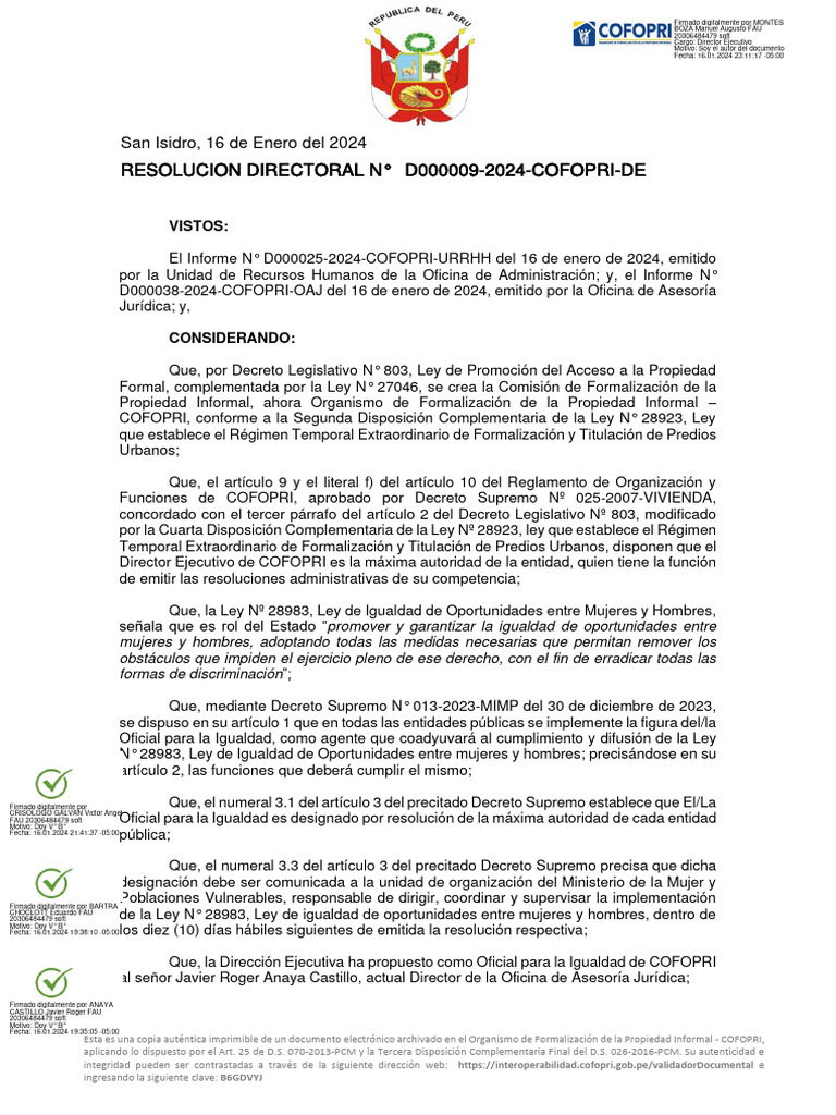 Resolucion Directoral #D000009-2024-Cofopri-De: San Isidro, 16 de Enero Del 2024 | PDF ...