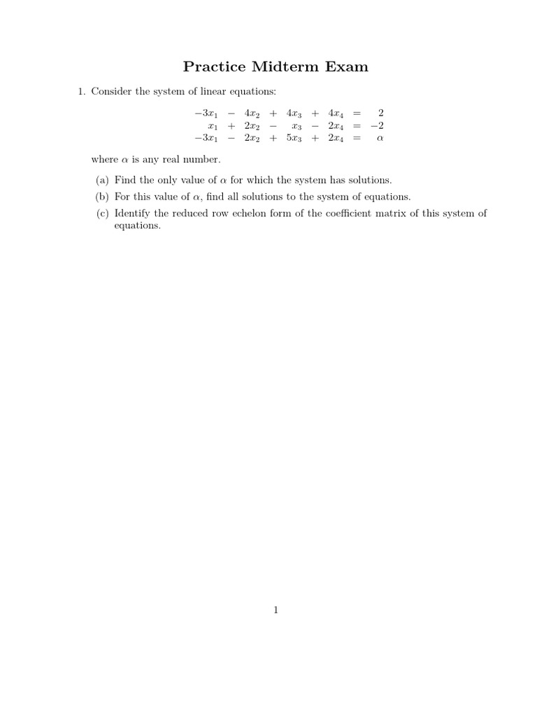 Linear Algebra - Practice Midterm 1 | PDF | Matrix (Mathematics) | System Of Linear Equations